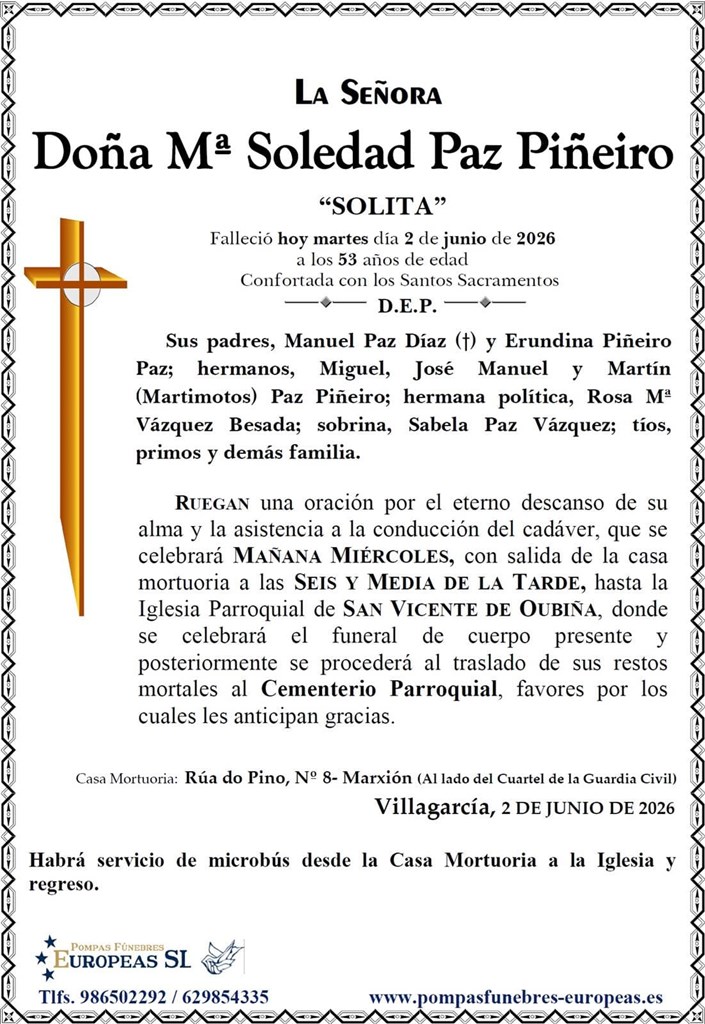 Defunción Doña Mª Soledad Paz Piñeiro. Información y horarios.
